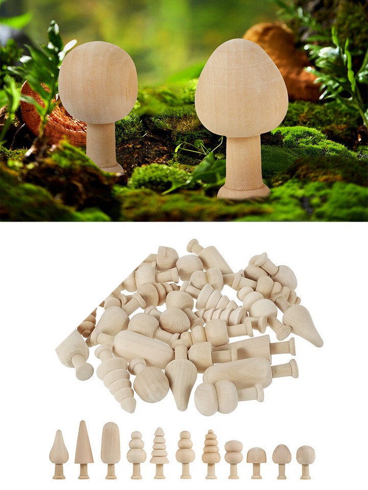 30Pcs Unfinished Wooden Trees DIY Unfinished Wood Mushroom Smooth Wood ...