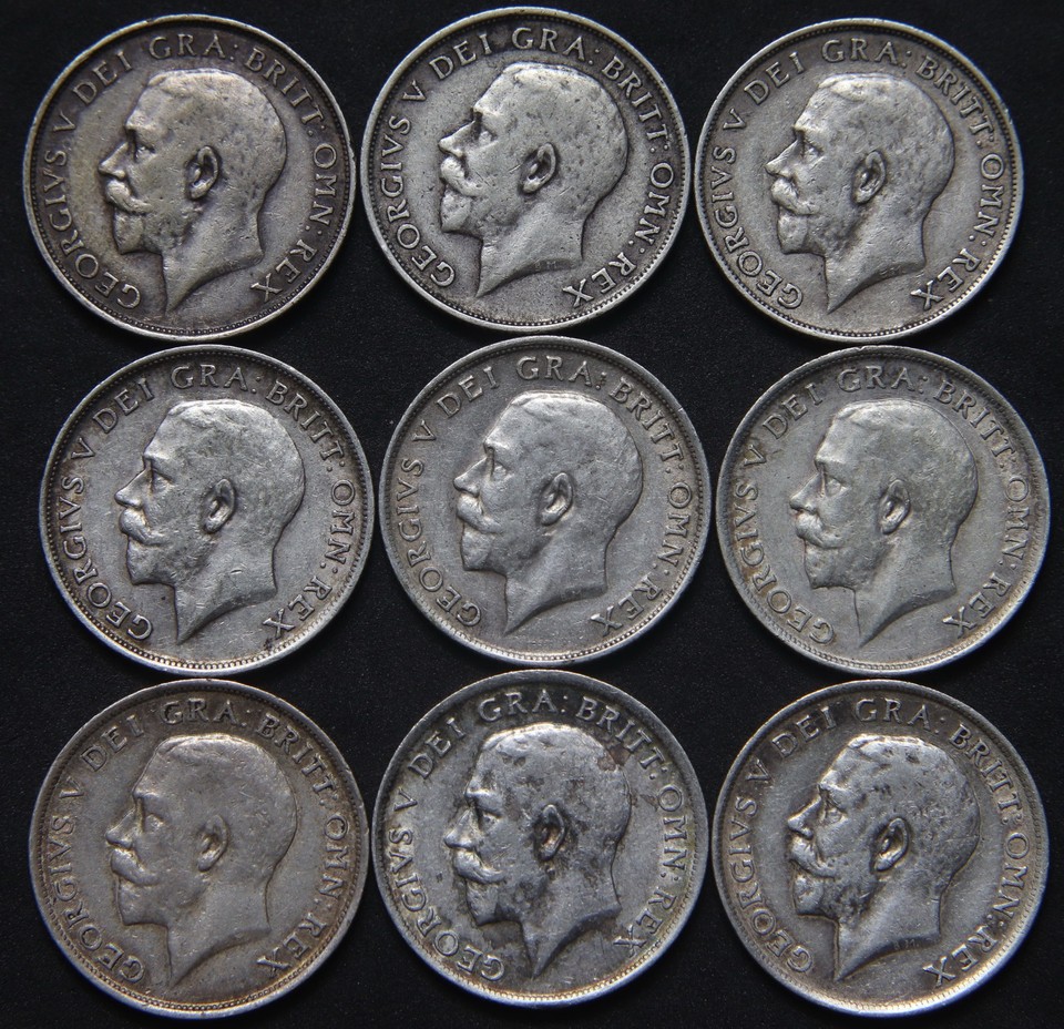 George V Pre-1920 Silver Shillings 1911-1919 Date Run Including 1913 ...