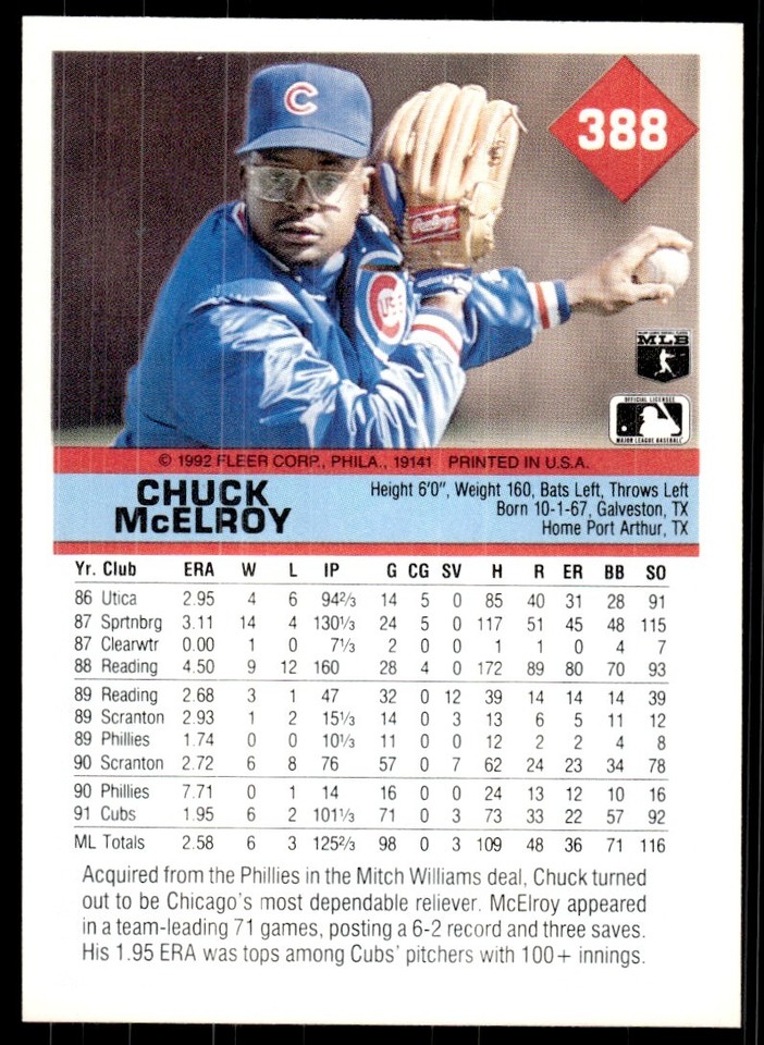 1992 Fleer Baseball Card Chuck McElroy Chicago Cubs #388 | eBay