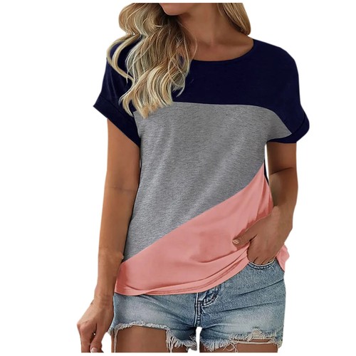 Womens Color Block Short Sleeve Tops Casual Summer T-Shirt, Pink/Grey ...