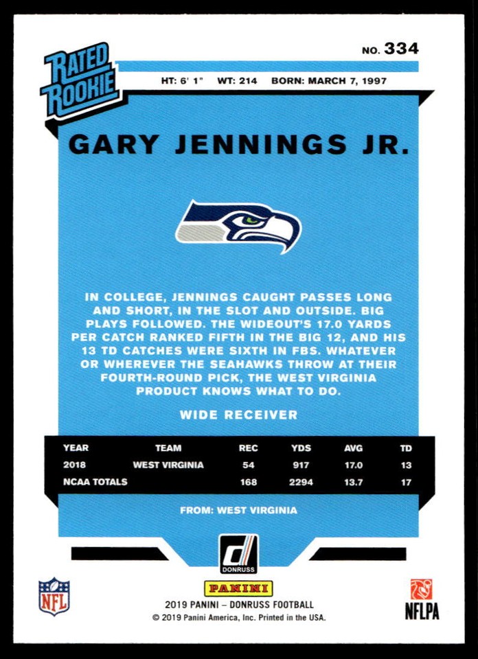 2019 Donruss Rated Rookie Yellow Press Proof 334 Gary Jennings Jr ...