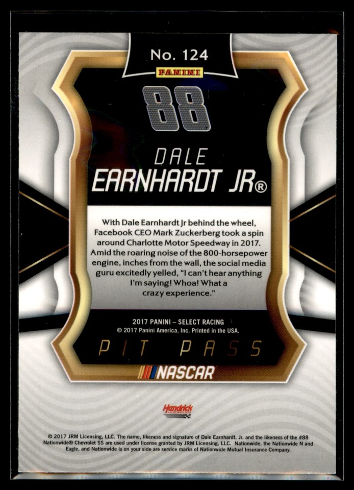 2017 Panini Select Racing NASCAR Pit Pass Base Set #124 Dale Earnhardt ...