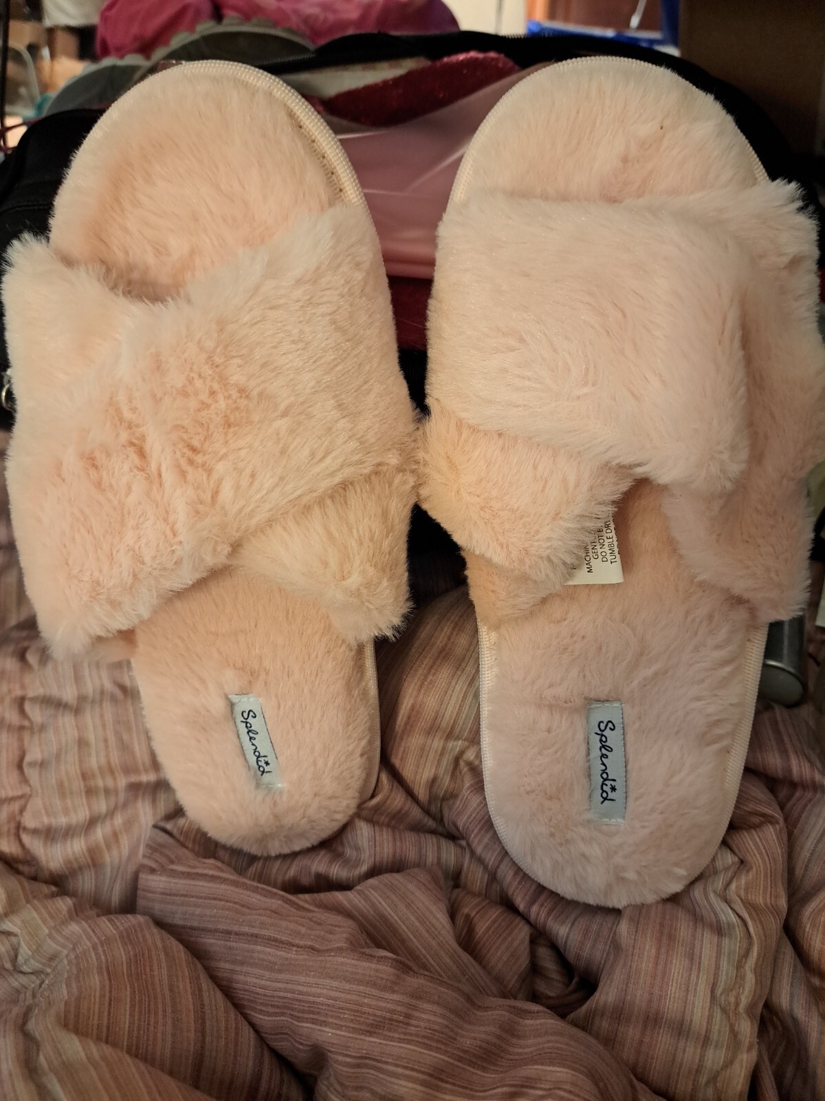 Splendid Pink Faux Fur Crisscross Slippers Sleep Women's Size S/M | eBay