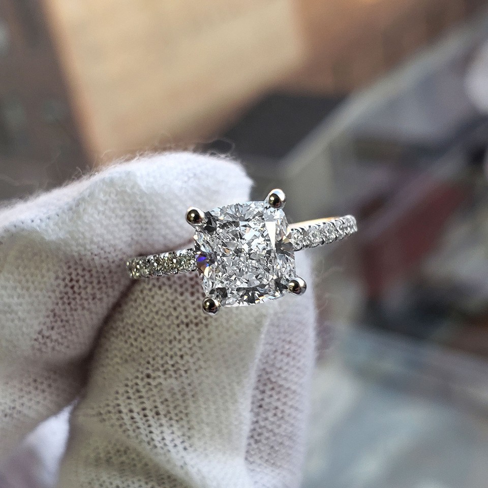 2.80 Ct Cushion Cut Diamond U-Setting Engagement Ring w/ Band H, VS2 ...