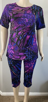 Matching Capri Pant Set Purple Blue BlackWrinkle Free Sz Med 2X 3XDM ...