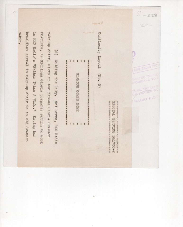 Gloria Swanson Mel Berns RKO Make-up Father Takes Wife Orig 1941 7.25x7 ...