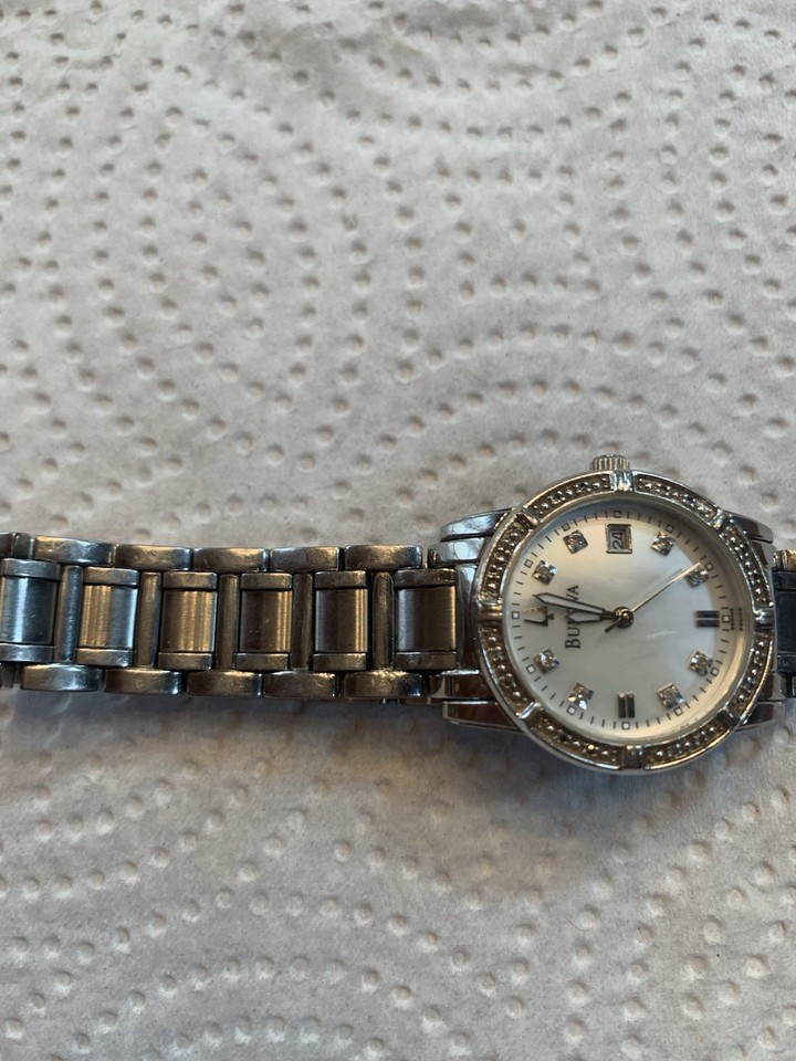 Bulova Ladies Mother Pearl 96R105 Stainless Steel Watch New Battery ...