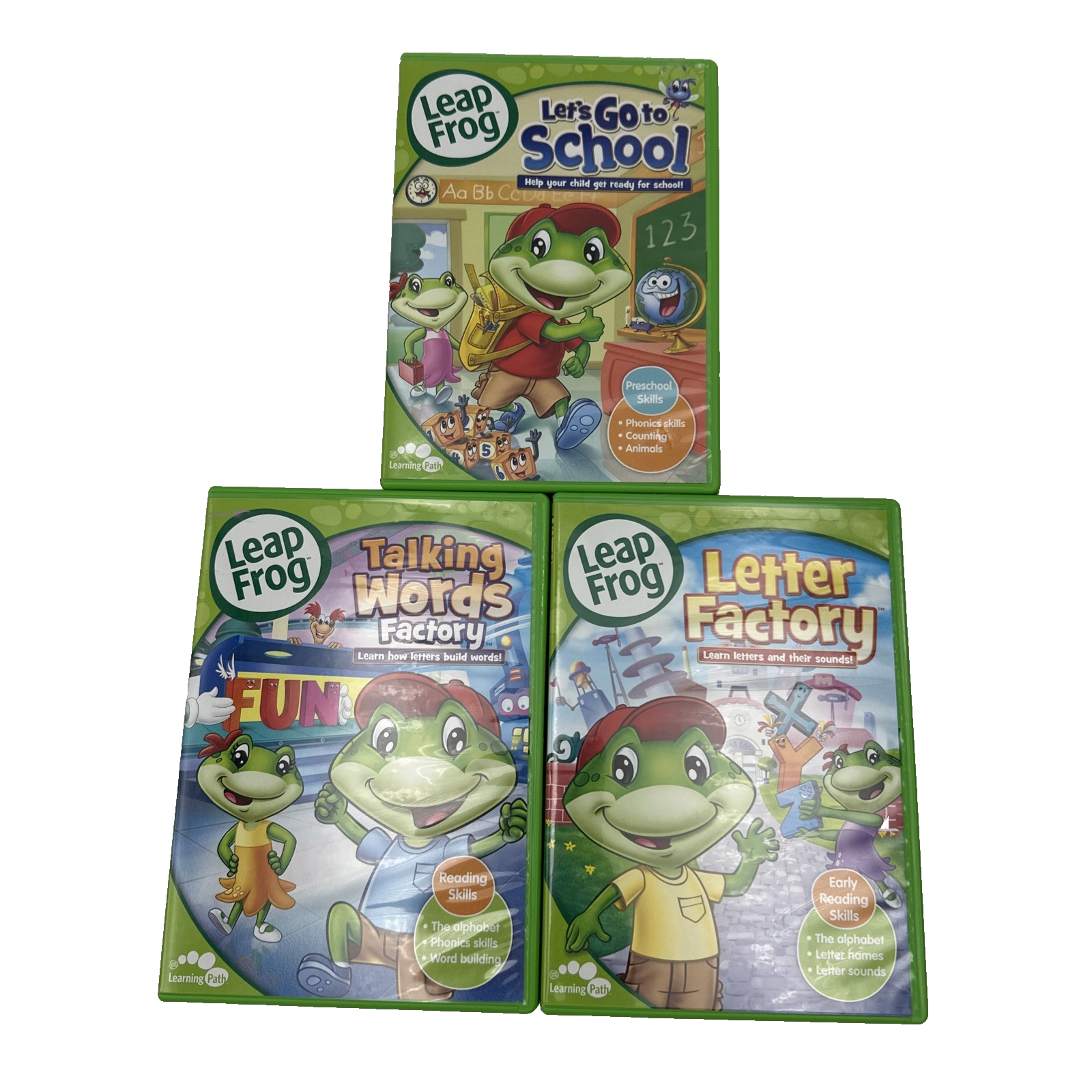 3 LeapFrog Learning DVDs Lets Go to School Letter Factory & Talking ...