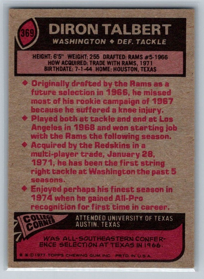 1977 Topps #369 Diron Talbert | eBay