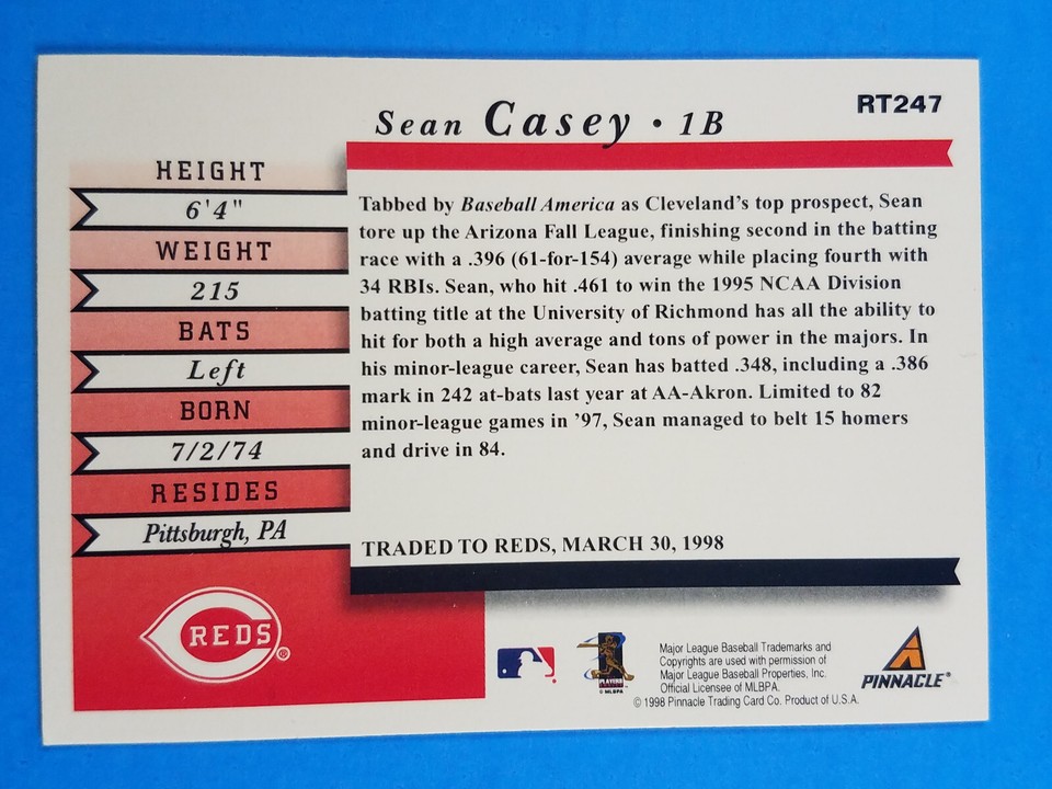 1998 PINNACLE SCORE ROOKIE #RT247 SEAN CASEY REDS | eBay