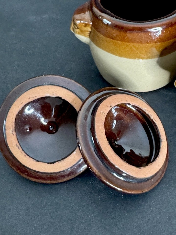 Vintage Small Stoneware Bean Pot Set Lidded Crocks 2 Tone Brown Tan ...