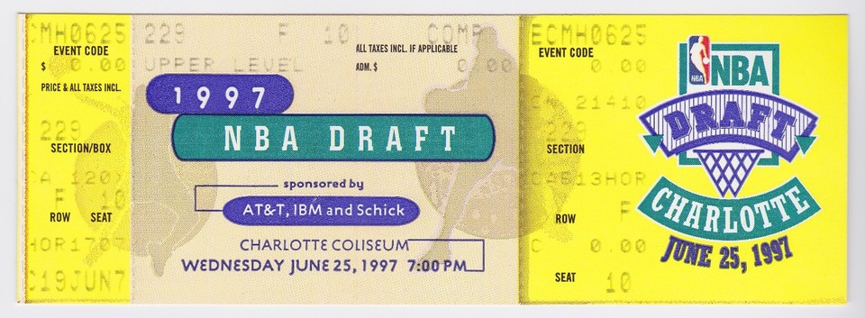1997 NBA Draft Full/Unused Ticket 6/25/97 Charlotte Coliseum Tim Duncan ...