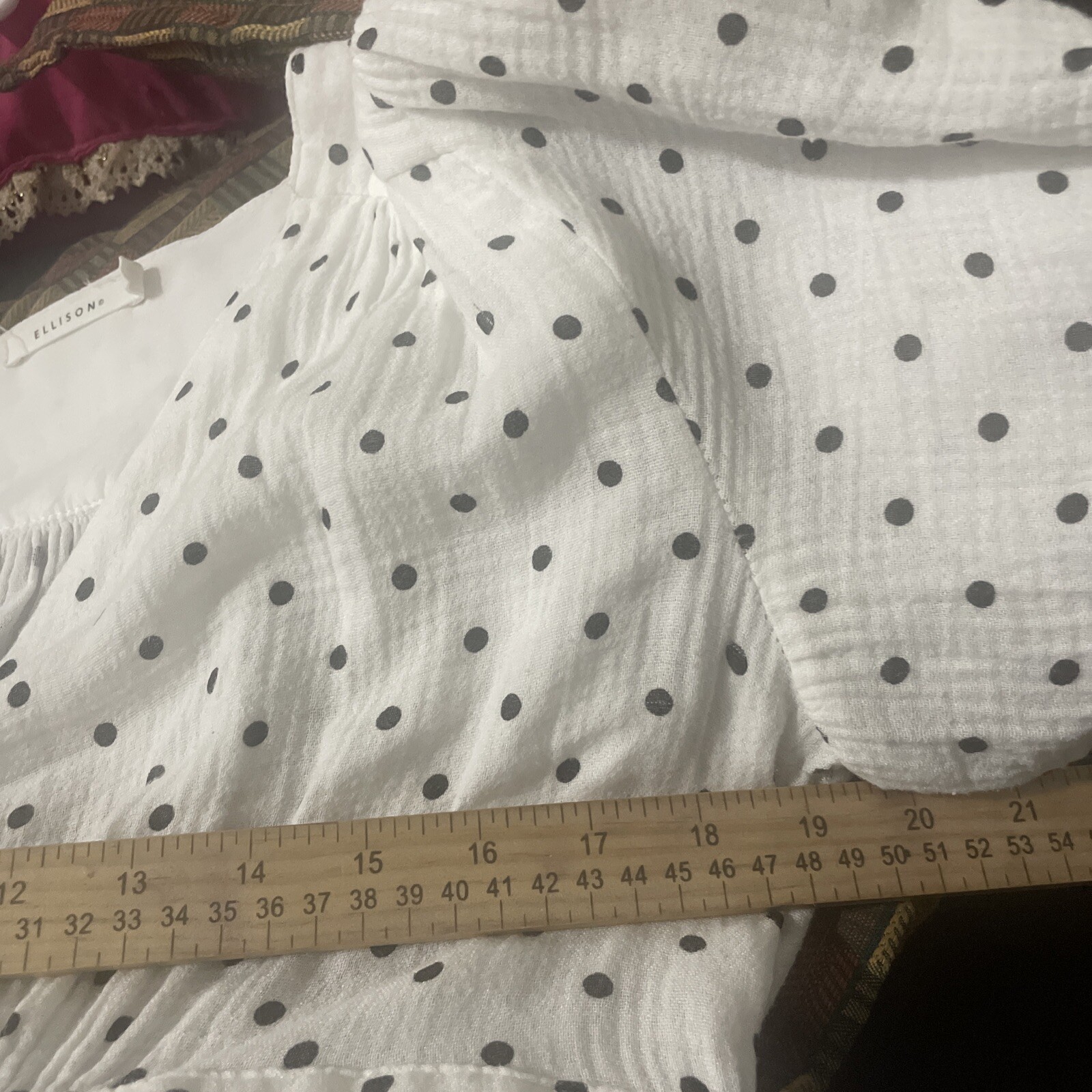 ELLISON White dress with black dots, pockets, 3/4 sleeves, lined. Size ...