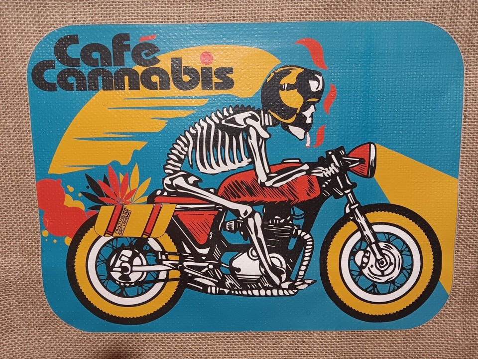 CAFE CANNABIS MOTORCYCLE 12"X15" BURLAP TOTE BAG MARIJUANA POT LEAF 420 ...