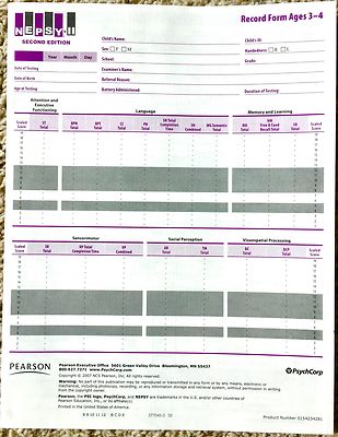 NEPSY-II Neuropsychological Test for Children Record Form (Ages 3-4 ...