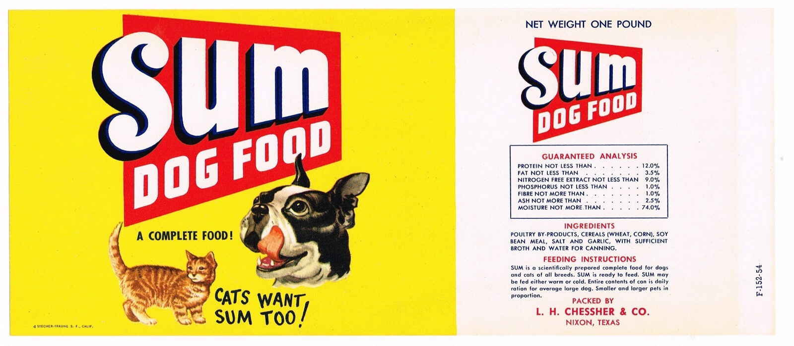 ORIGINAL VINTAGE CAN LABEL DOG CAT PET FOOD 1954 NIXON TEXAS SUM CAT ...