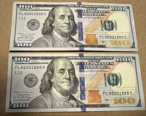 (2) CONSECUTIVE FANCY SERIAL NUMBER $100 DOLLAR BILLS 2017A CRISP ...