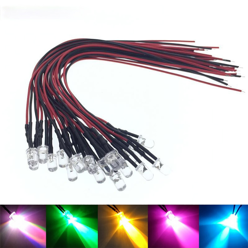 3mm LED 5-12V 20cm Pre-wired White Red Green Blue Yellow UV RGB Diode ...