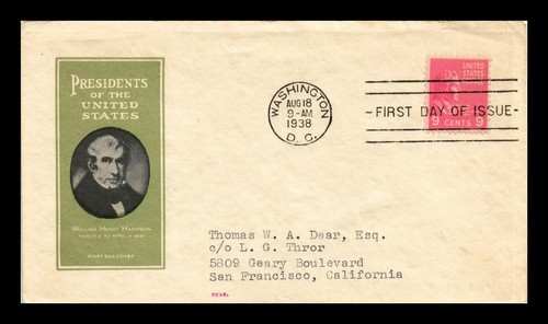 DR JIM STAMPS US COVER WILLIAM H HARRISON PRESIDENTIAL SERIES FDC IOOR ...