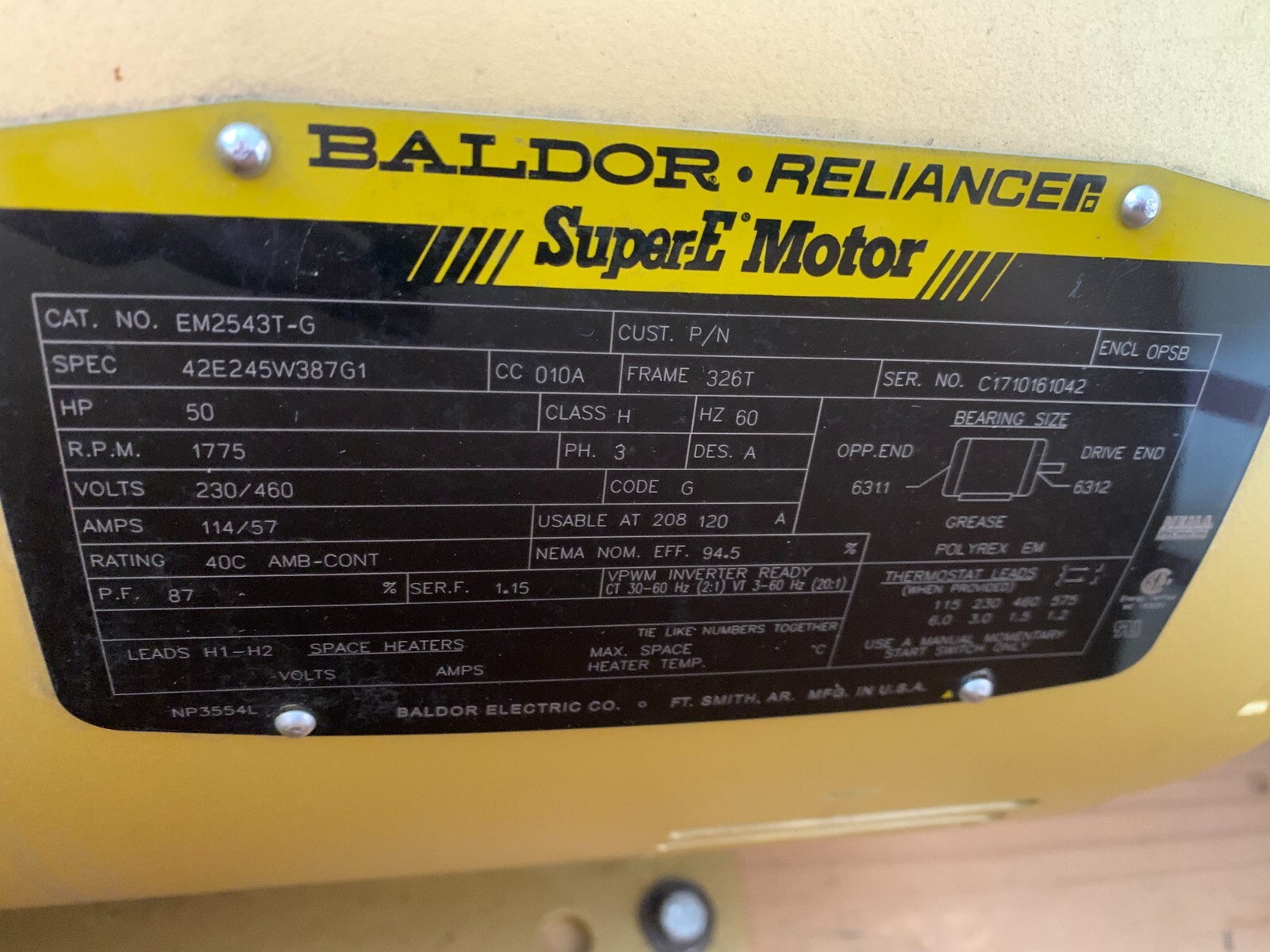 NEW BALDOR SUPER-E 50HP 1775RPM 230/460V. MOTOR 326T FRAME EM2543T-G | eBay