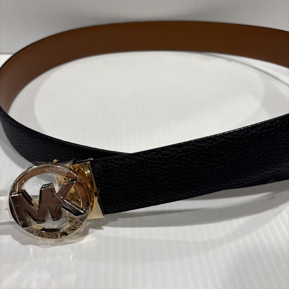 MICHAEL KORS REVERSIBLE LEATHER WOMEN BELT MK LOGO BUCKLE BLK/BROWN ...