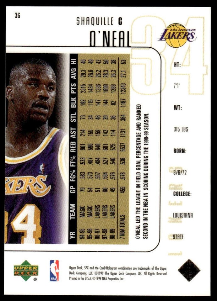 1999-00 SPx #36 Shaquille O'Neal BASKETBALL Los Angeles Lakers | eBay