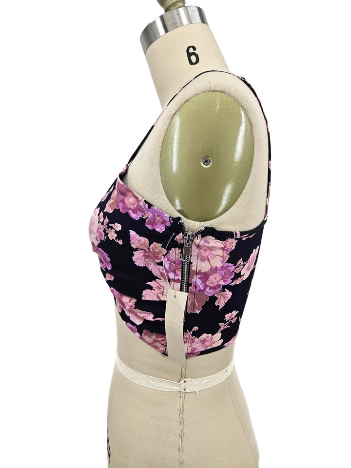 New Flynn Skye Emily Crop Tank Top Womens S Black Blossoms Pink Floral ...