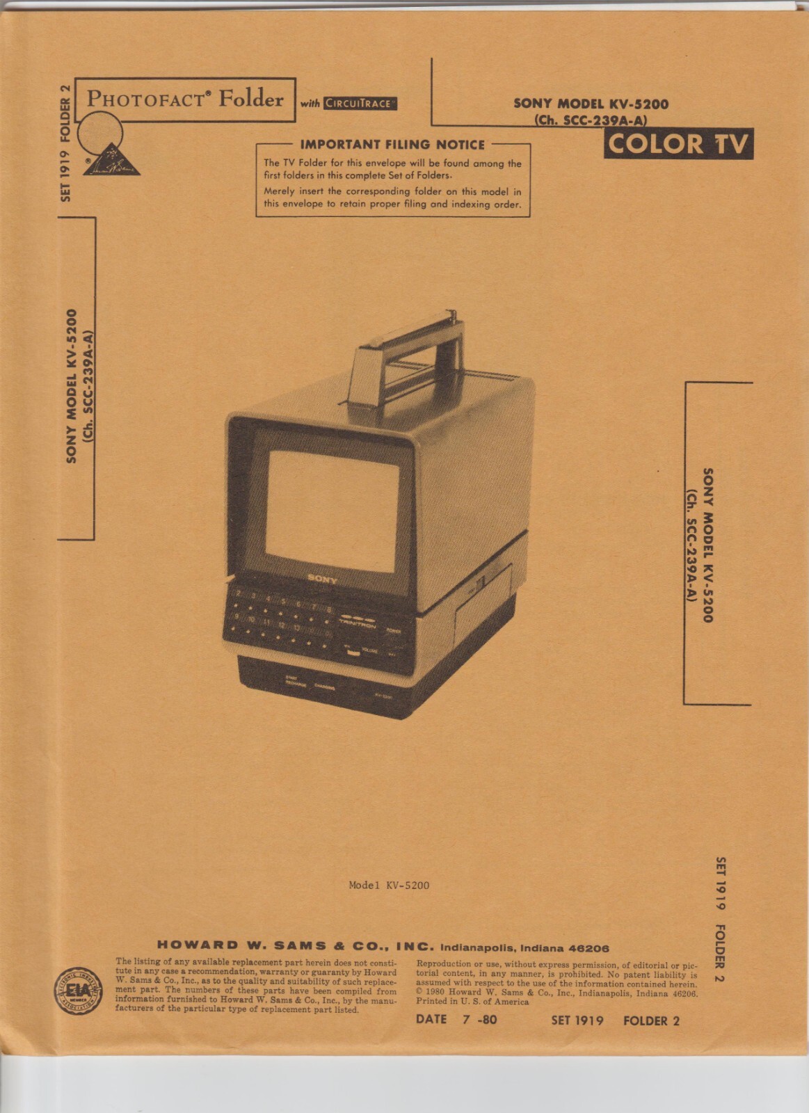 Sony KV-5200, SCC-239A-A Trinitron Color TV Photofact Folder/SAMS ...