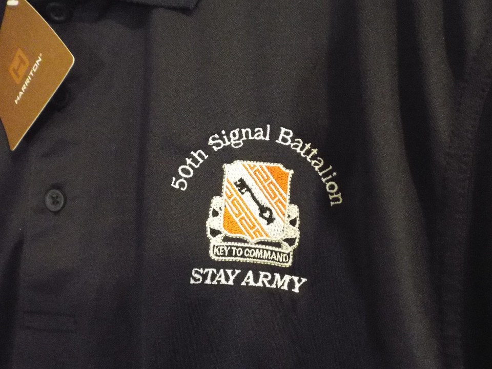 50th Signal BN STAY ARMY Harriton Black Polo Shirt Sz Large "Key to ...