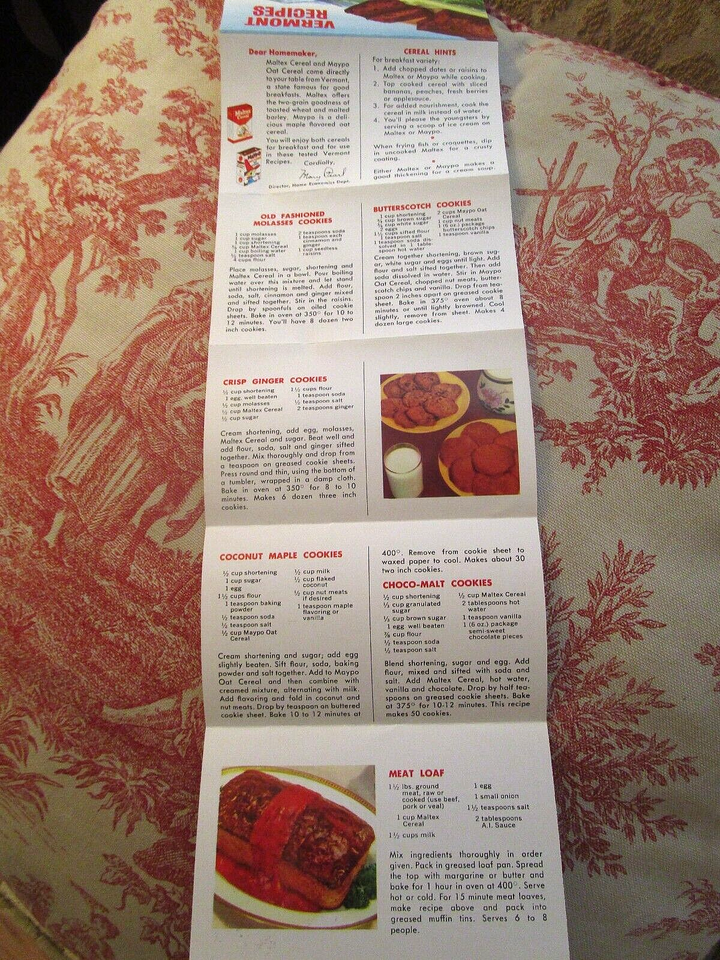 1950's VERMONT RECIPES FOLD-OUT INSERT: MALTEX CEREAL & MAYPO OAT ...