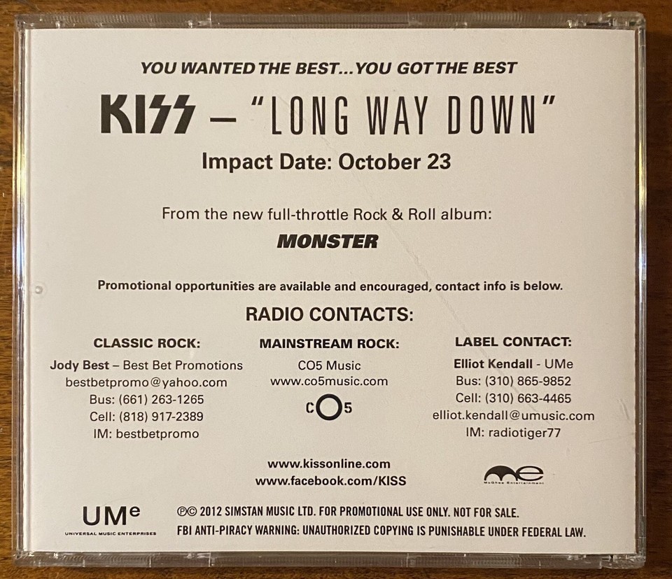 KISS Long Way Down 2012 US PROMO Only CD Single Gene SIMMONS Paul ...