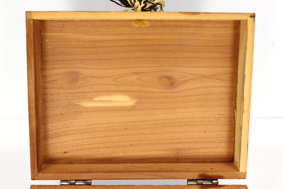 Antique Vintage Cedar Wood Cigar Box Footed Tassel Lacquered Black ...