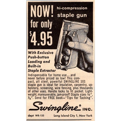 Swingline Inc. Hi-Compression Staple Gun Long Island City NY 1962 Ad ...