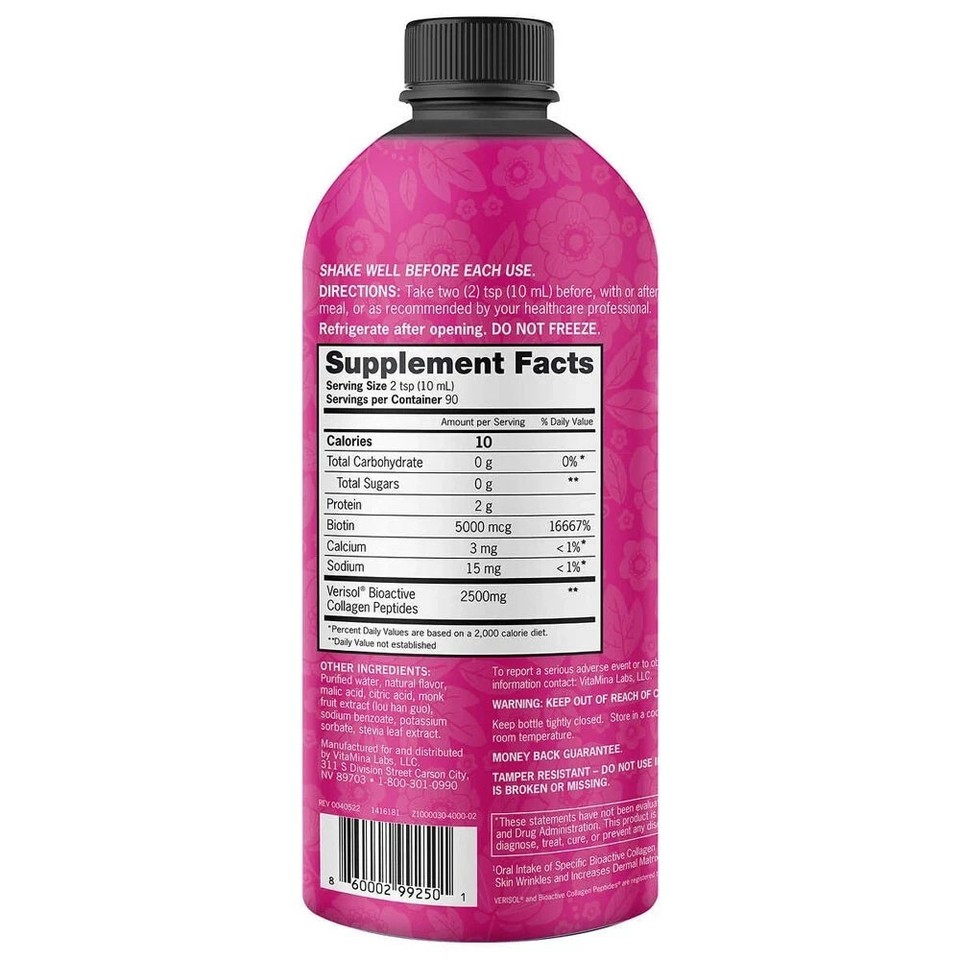 Zena Bioactive Liquid Collagen 2500mg + 5000mcg Biotin 90 Servings Exp ...