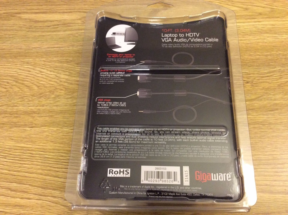 Gigaware Laptop to HDTV or Projector VGA Audio/Video Cable - 10' -3.04M ...