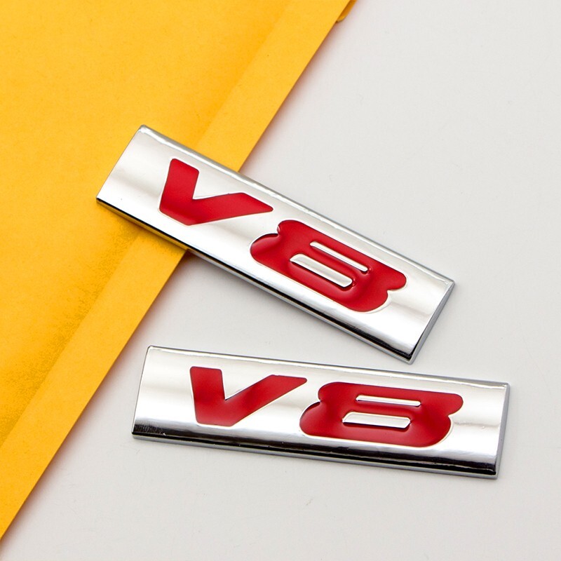 2Pcs Chrome Red Metal V8 Engine Logo Rear Trunk Emblem Fender Badge 3D ...