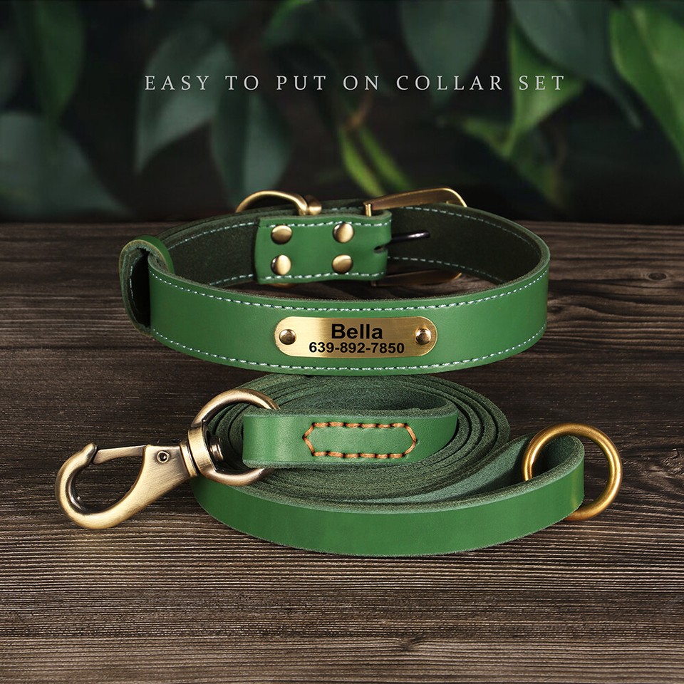 Personalized Real Leather Dog Collar and Leash Pet ID Name Phone Laser ...