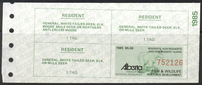 Alberta Resource Development stamp 1985, $5.00 imprinted on wildlife ...