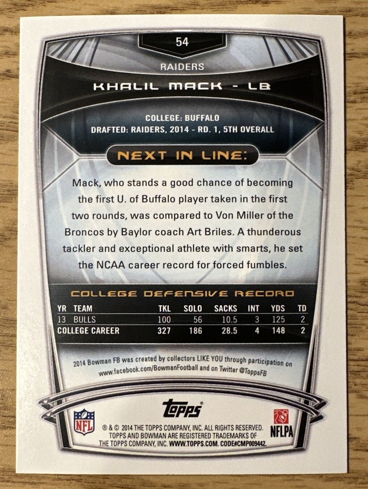 2014 Bowman KHALIL MACK Rookie Black Border Paper #54 OAKLAND RAIDERS ...