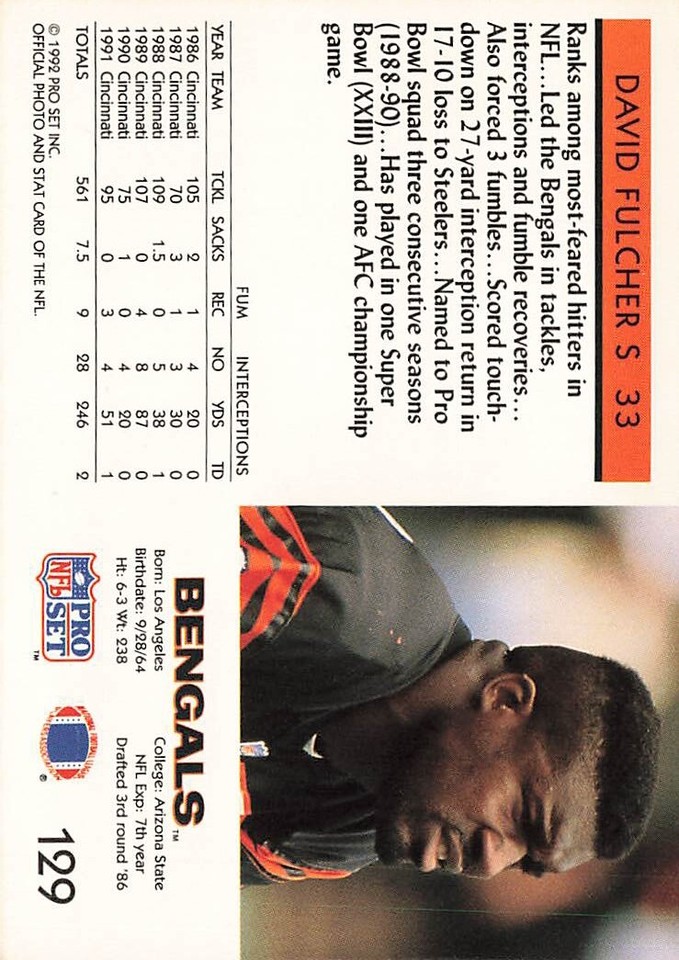 1992 Pro Set #129 David Fulcher Cincinnati Bengals | eBay