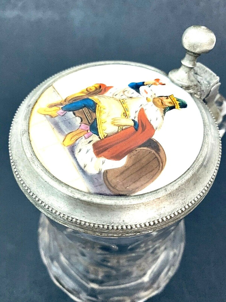 King Gambrinus Beer Stein Old German Glass Inlay 5.75" tall dimpled ...