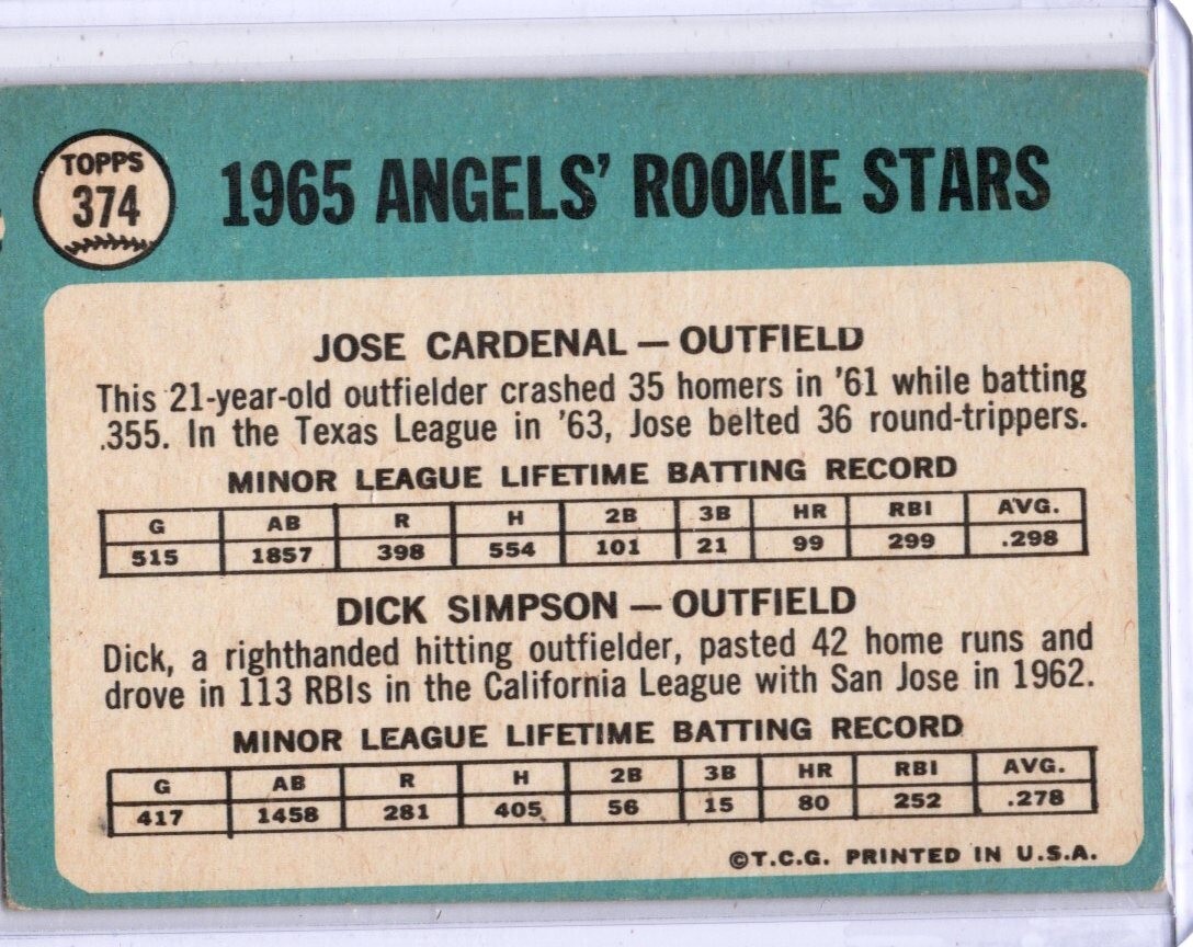 1965 Topps #374 Rookie Stars/Jose Cardenal RC/Dick Simpson | eBay