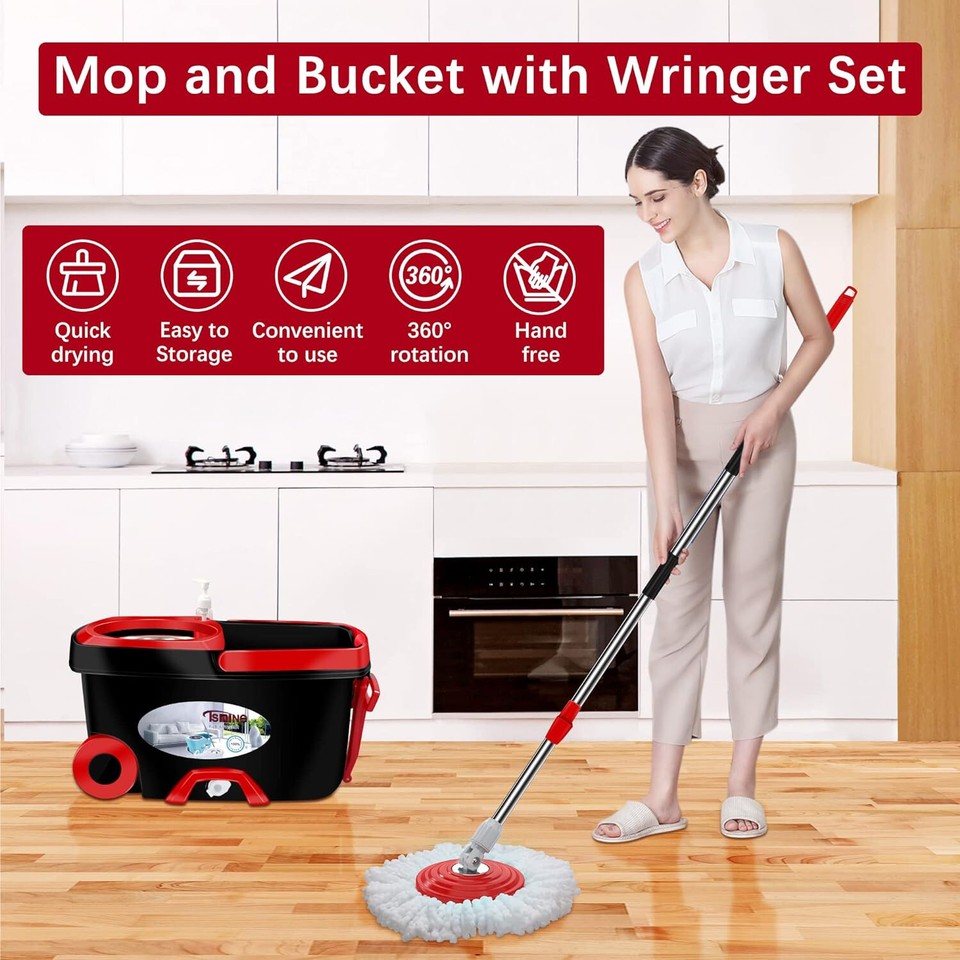 Tsmine FunClean RED Spin Mop Bucket Floor Cleaning Mop Set | eBay
