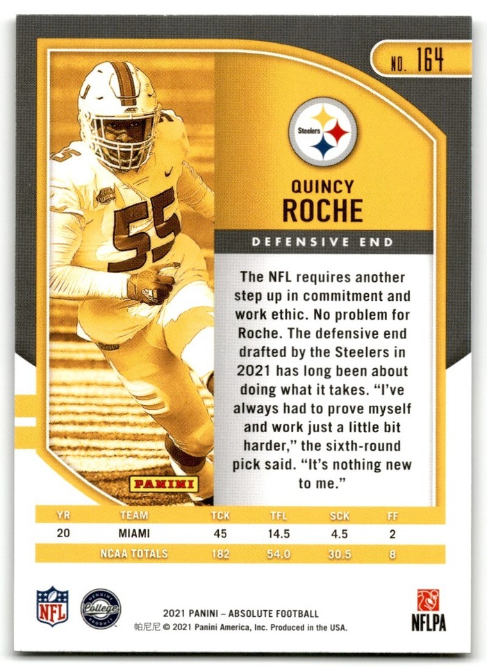 2021 PANINI ABSOLUTE QUINCY ROCHE RC PITTSBURGH STEELERS #164 | eBay