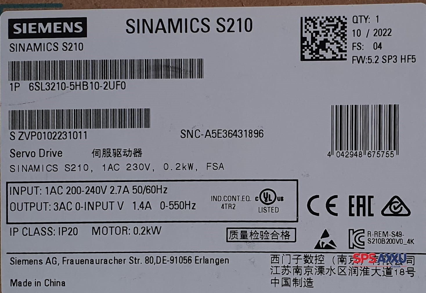 SIEMENS Sinamics S210 Inverter 6SL3210-5HB10-2UF0 6SL3 210-5HB10-2UF0 ...