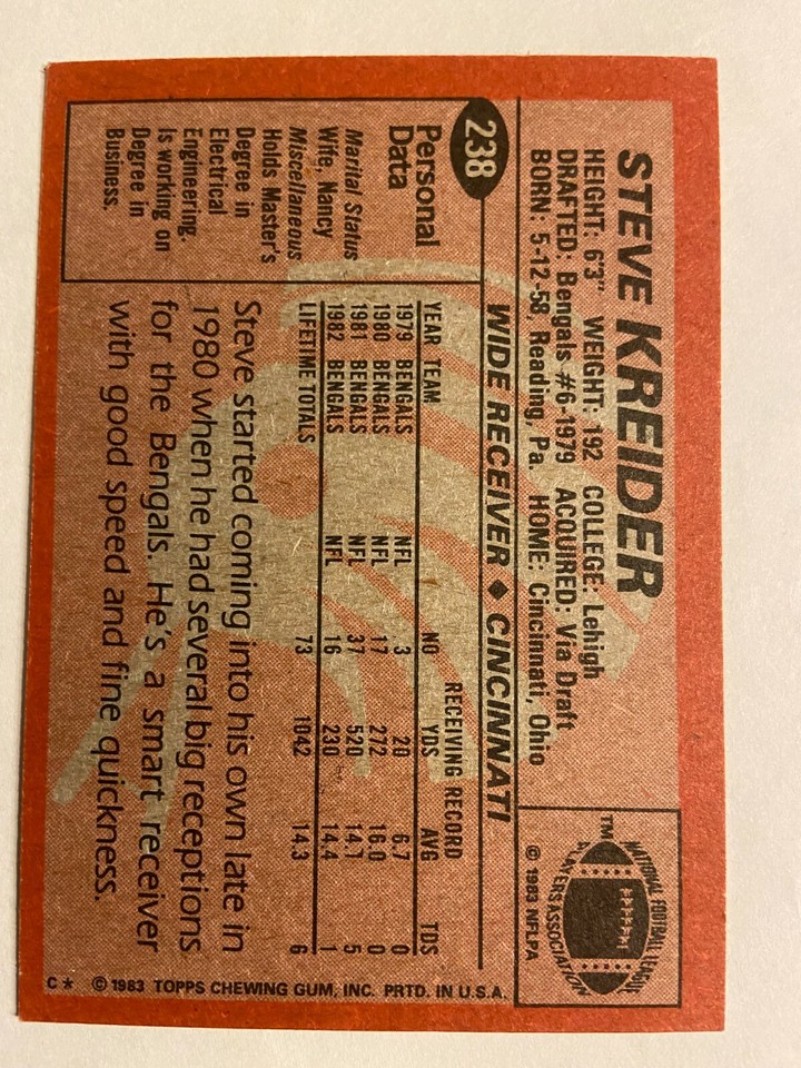 1983 Topps #238 Steve Kreider Cincinnati Bengals | eBay