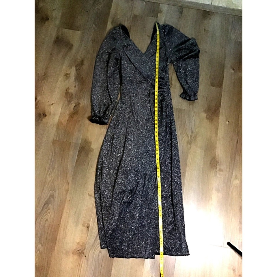 SHEIN -SILVER MODERLY SURPLICE NECK BISHOP SLEEVE SPLIT GLITTER DRESS ...