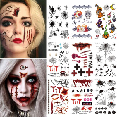 Horror Realistic Tattoo Stickers Halloween Cut Blood Stitches Wound ...