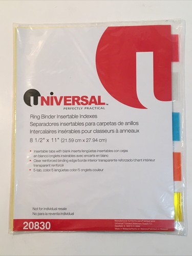 5 Tab Colored Dividers 3 Ring Binder File Folder Inserts Index ...