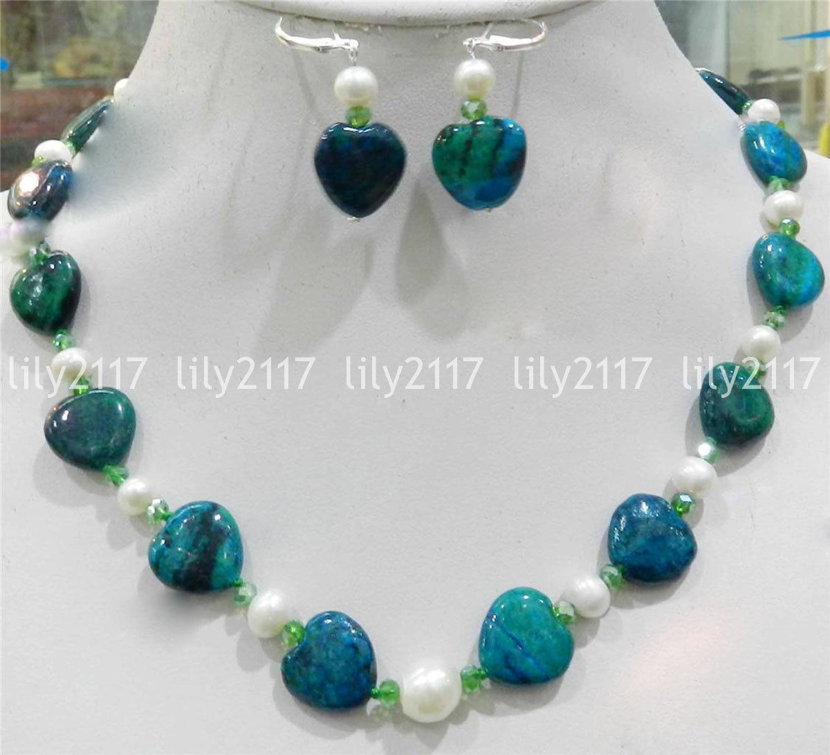 15mm Heart blue Azurite Phoenix Gems White Cultured Pearl Necklace ...